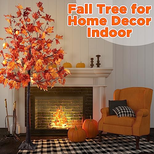 GTIDEA 6FT 120LED Lighted Maple Tree Fall Halloween Decorations, Artificial Fall Tree with 8 Flashing Mode 216 Fall Leaves for Thanksgiving Autumn Porch Farmhouse Home Decor Indoor Outdoor