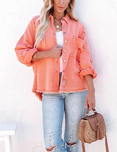 Lumister Womens Causal Oversized Button Distressed Jean Jacket Ripped Fringe Long Sleeve Denim Jacket With Pockets(0222-Orange-S)