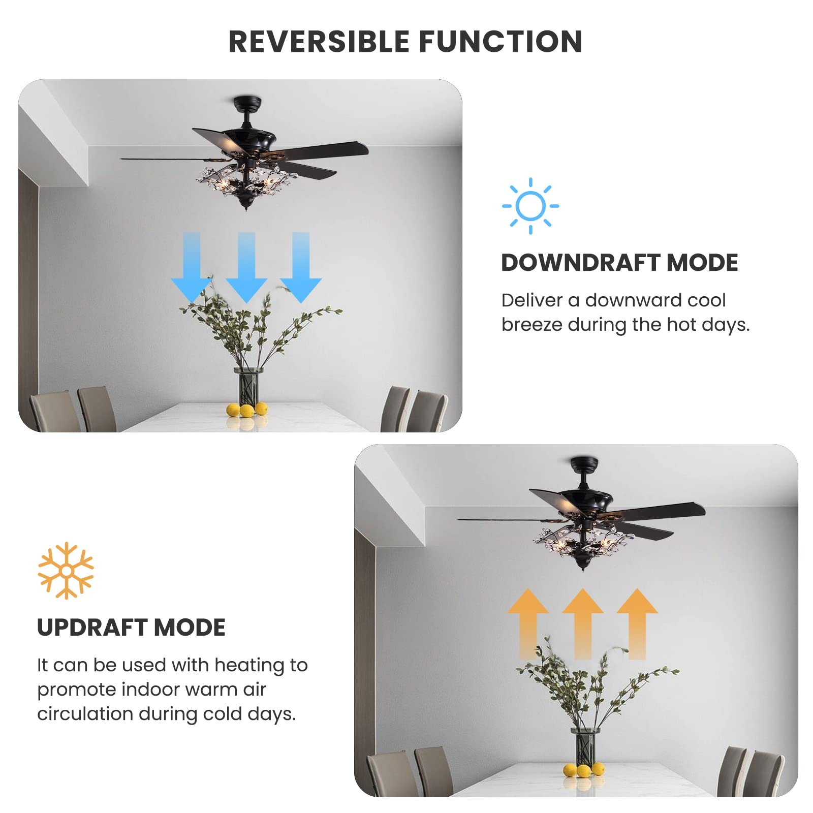 CROSSIO Modern Crystal Chandelier Ceiling Fan Gorgeous Reversible Ceiling Fan Light Fixture with Remote for Bedroom Living Room (Black-2, 50")