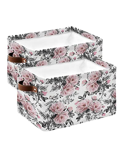 Flower Art Storage Bins for Organizing, Decorative Large Closet Organizers with Handles Cubes - 2 Pack Fabric Baskets for Shelves, Closets, Laundry, Nursery, Pink Grey Vintage Roses