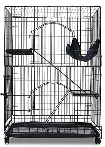 Homey PET INC Folding Wire Cat Ferret Collapsible Foldable Lockable Habitat Crate with Casters,Tray and Hammock, 36", Black