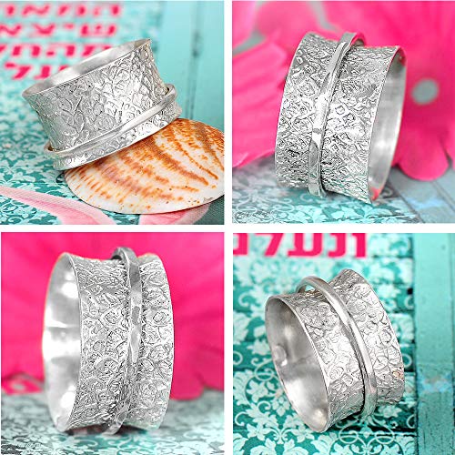 Boho-Magic 925 Sterling Silver Spinner Ring for Women Hammered Fidget Ring Wide Band (8)