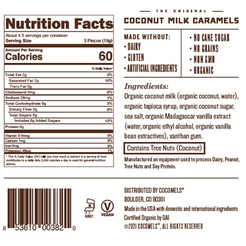 Cocomels Coconut Milk Caramels With Coconut Sugar, Organic Candy, Dairy Free, Sugar Free, Vegan, Gluten Free, Non-GMO, No Cane Sugar, No High Fructose Corn Syrup, Kosher, Plant Based, (3 Pack)