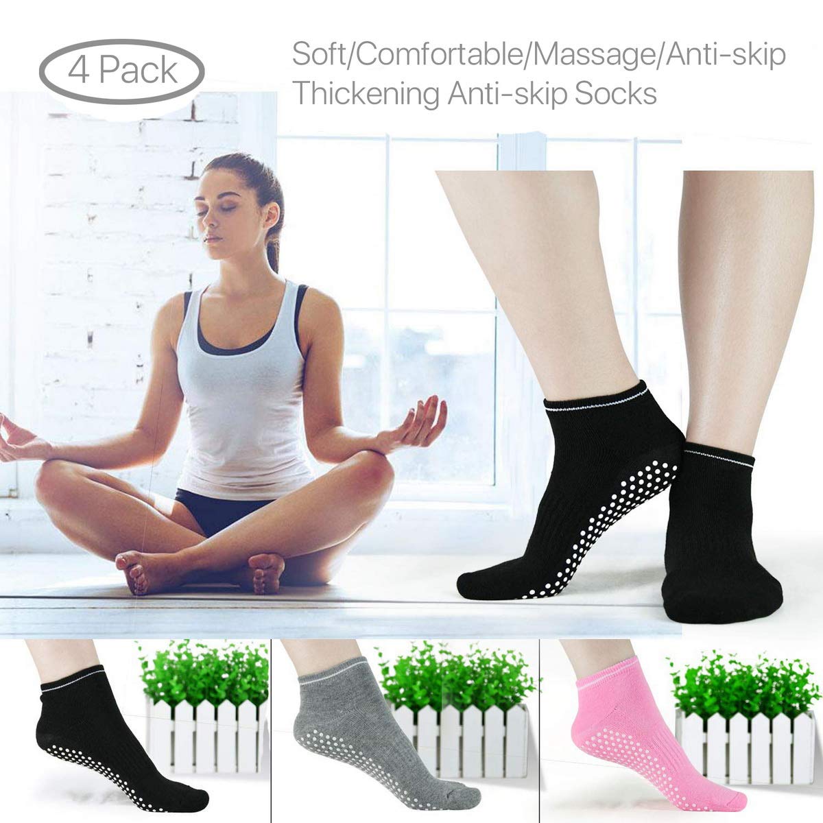 BTOP 4 Pairs Yoga Socks Non Slip Pilates Massage womens Socks with Grip Exercise Gym 4 Color