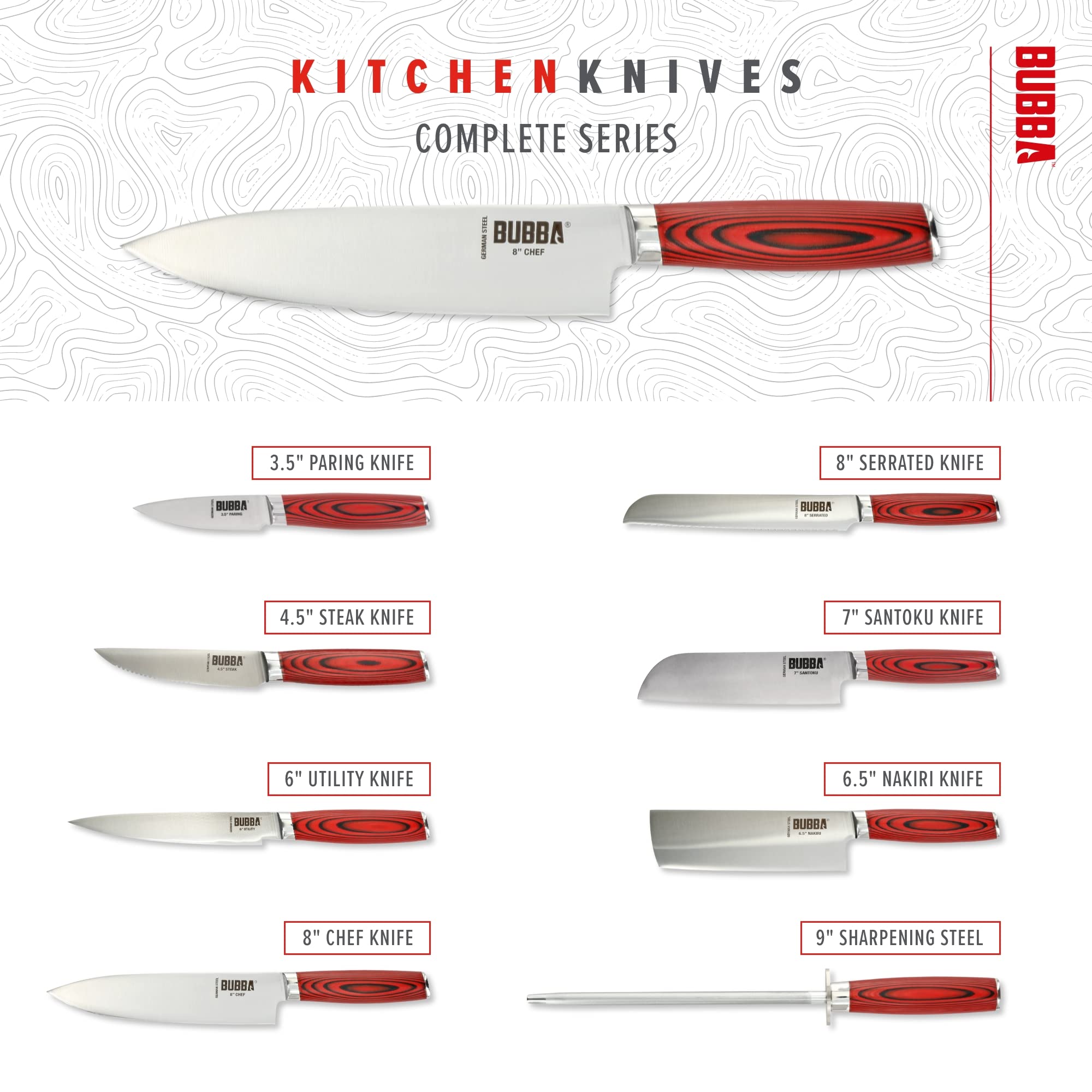 BUBBA Kitchen Series 8" Chef Knife, an all-purpose kitchen knife for Chopping, Mincing, Slicing and Dicing with a premium German Steel Blade for all your kitchen needs