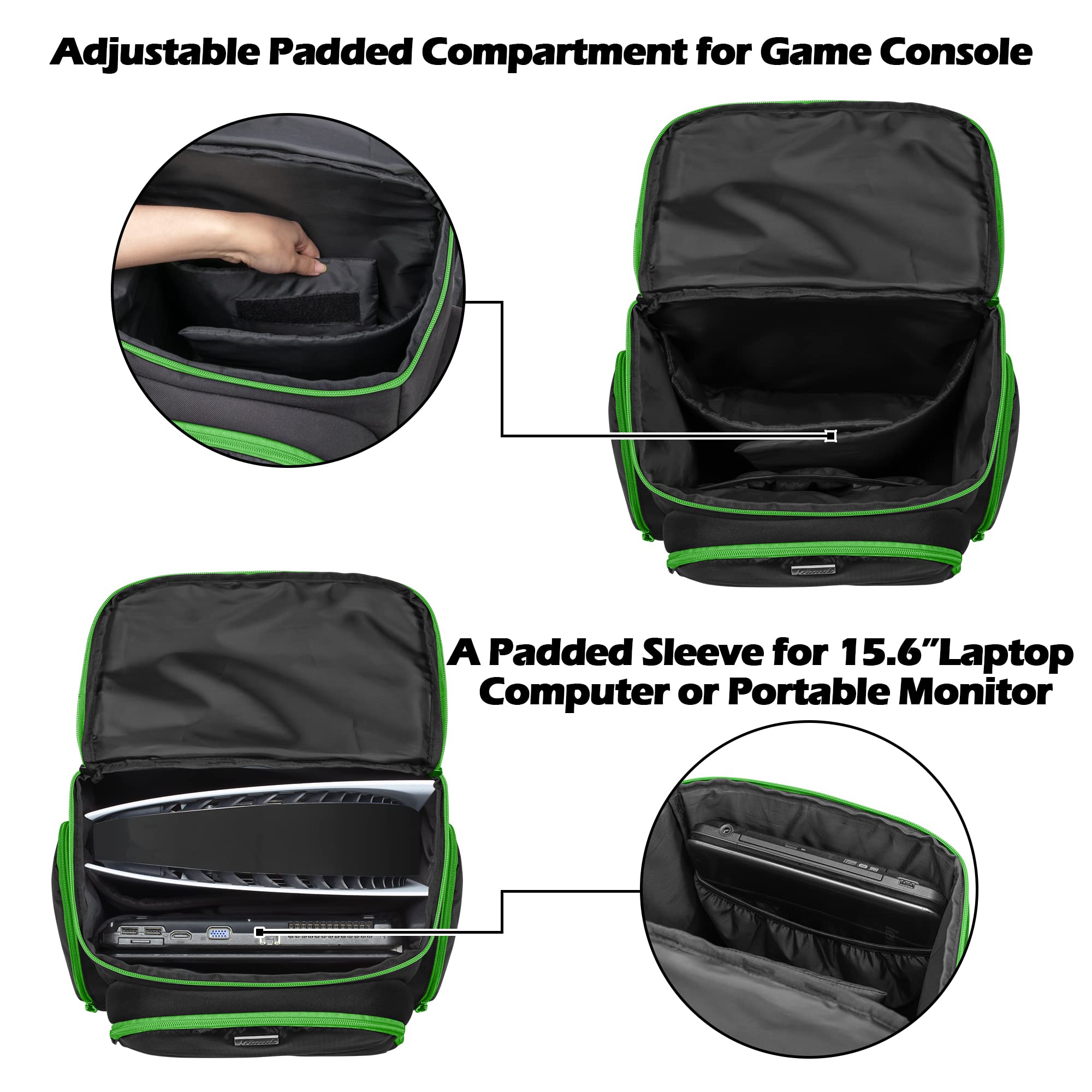 Trunab Gaming Console Backpack Compatible with Playstation 5 / PS5 Slim / PS4 / Xbox One, Travel Carrying Bag with Multiple Pockets for 15.6โ Laptop and Gaming Accessories