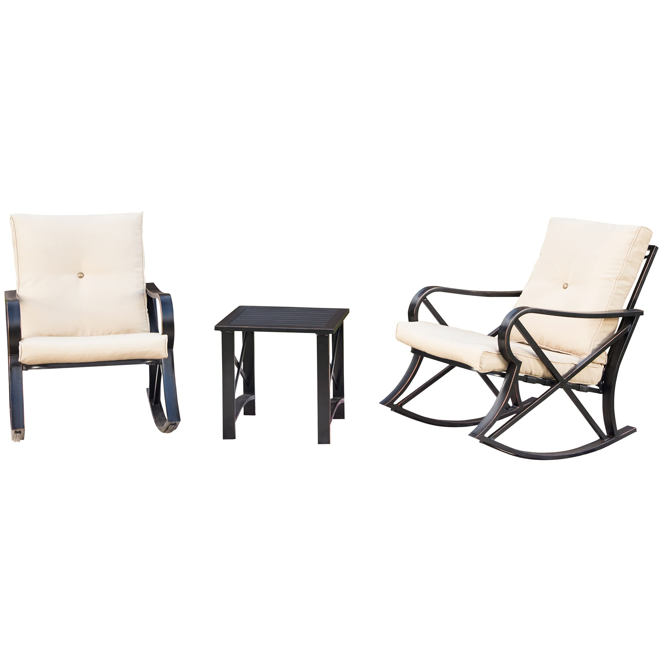 LOKATSE HOME 3 Piece Patio Outdoor Rocking Chairs Set Bistro Furniture and Square Coffee Table Metal Steel Frame with Thick Cushions, Khaki