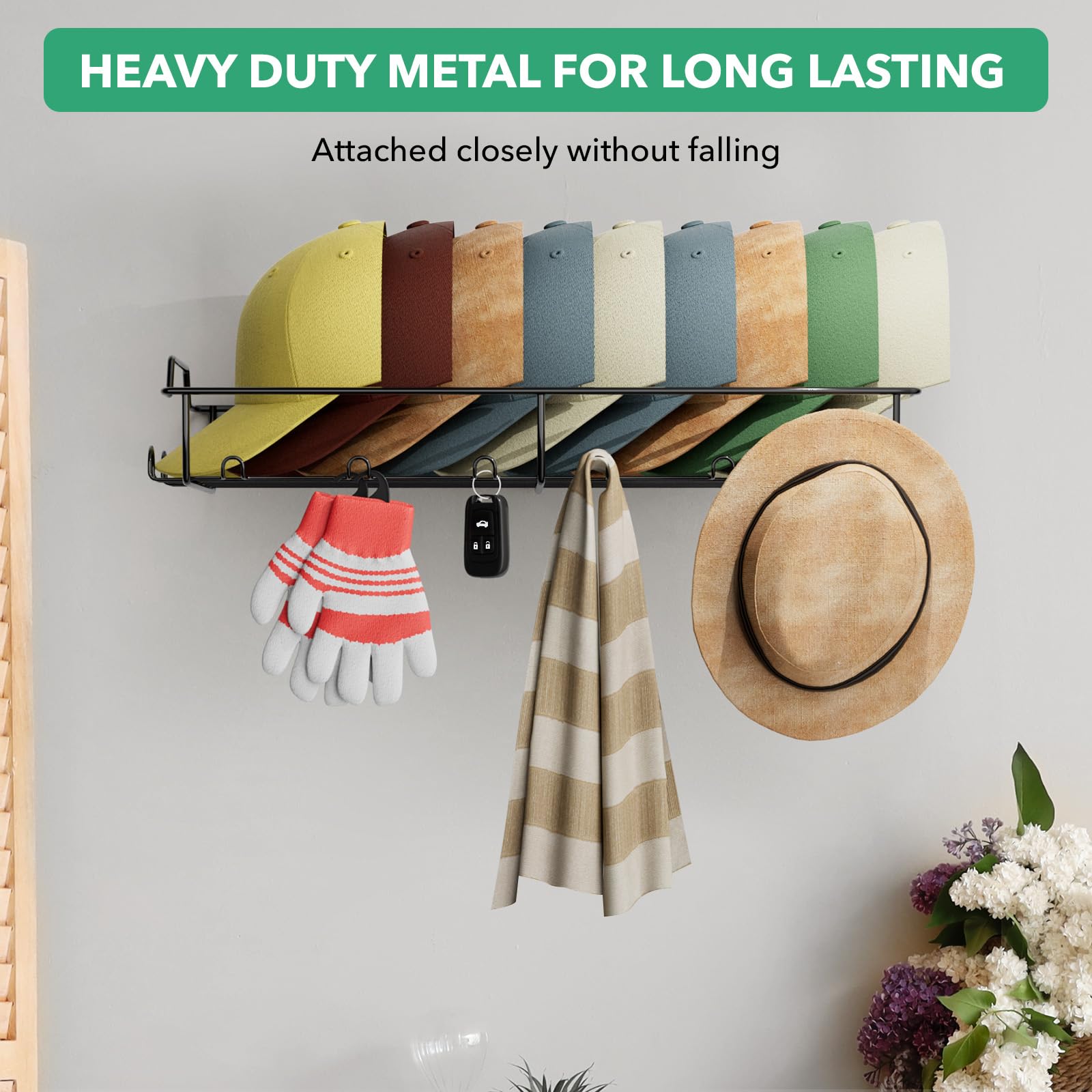 Fairpeak Wall Hat Racks for Baseball Caps, Each Metal Hat Organizer Fit 20 Caps, Sturdy Wall Mounted Hat Storage, for Hanger & Room Closet Display, Fits All Caps Shelves, for all walls, 3 Pack, Black