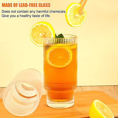 Rantonly 4Pack Ribbed Glass Cups 16oz with Bamboo Lids and Straws, Drinking Glasses Tumbler Cups-Reusable, Vintage Glass Cups, Elegant Ribbed Glassware for Beer Smoothie Whiskey