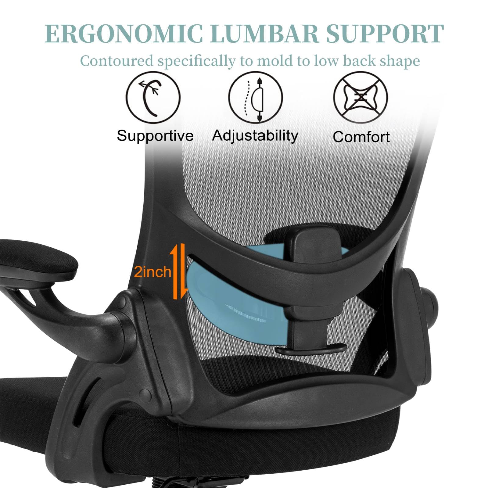 Ergonomic Mesh Office Chair, Comfy Desk Chair with Flip up Armrests, Swivel Computer Desk Chair with Adjustable Lumbar Support and Height for Home Office, 300 lbs Capacity