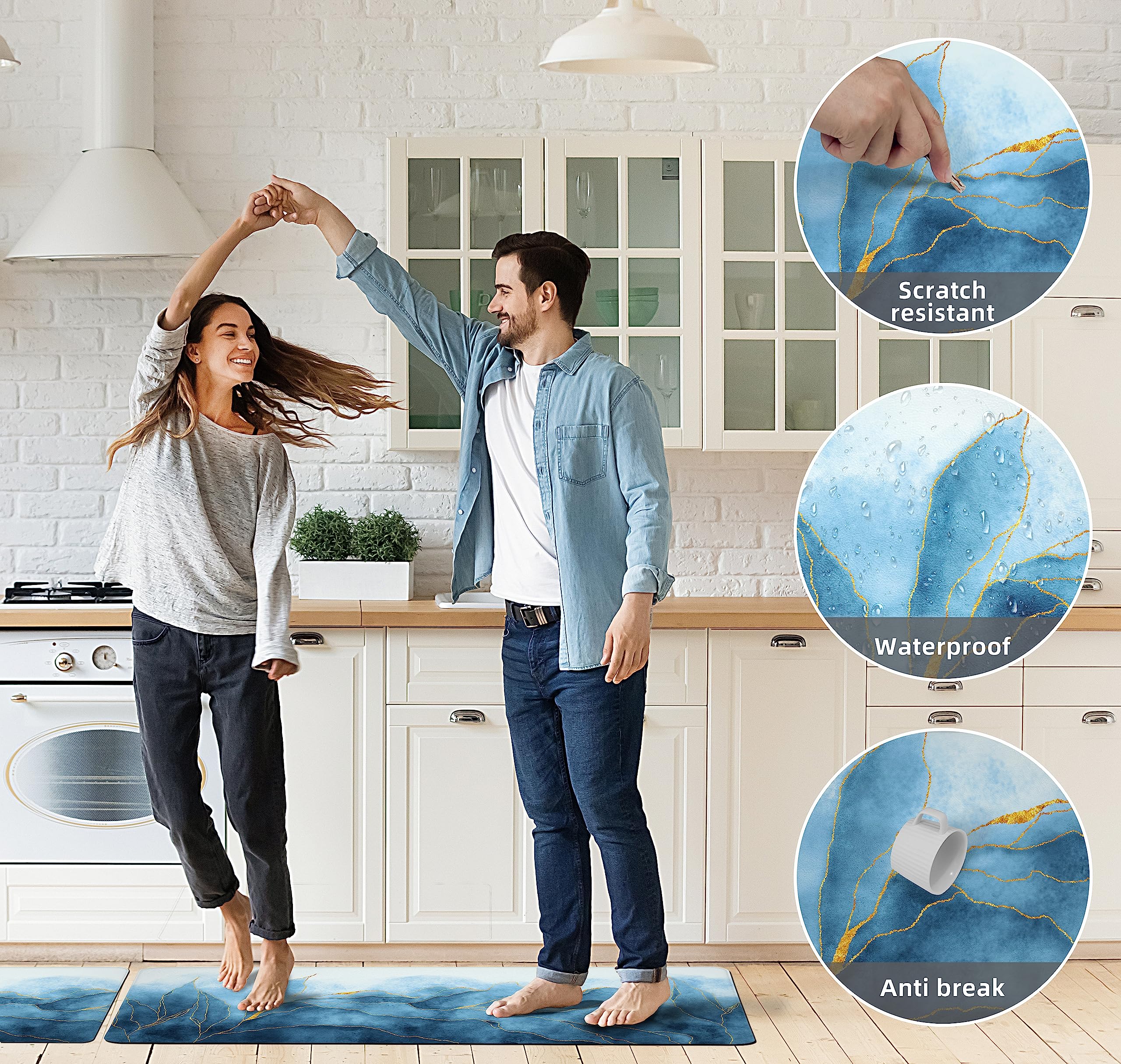 chiinvent Blue Kitchen Rugs Gold Stripes Modern Ink Art Decor Kitchen Floor Mat Cushioned Memory Foam Padded PVC Leather Heavy Duty Comfort Standing Runner Rugs, 17.3x28+17.3x47 inch
