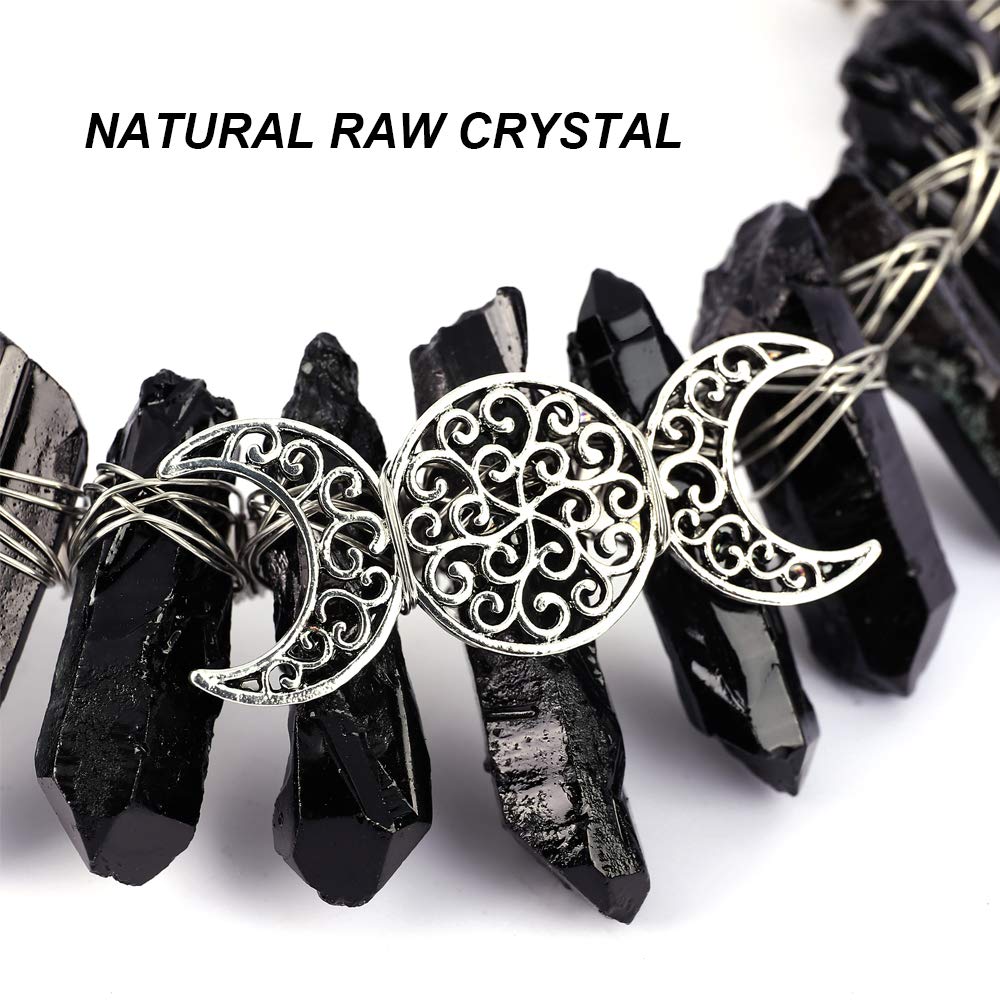 Bubbmi Black Raw Crystal Tiara Crown Headband, Natural Quartz Moon Goddess Witch Headpiece for Wiccan Cosplay Party Headwear