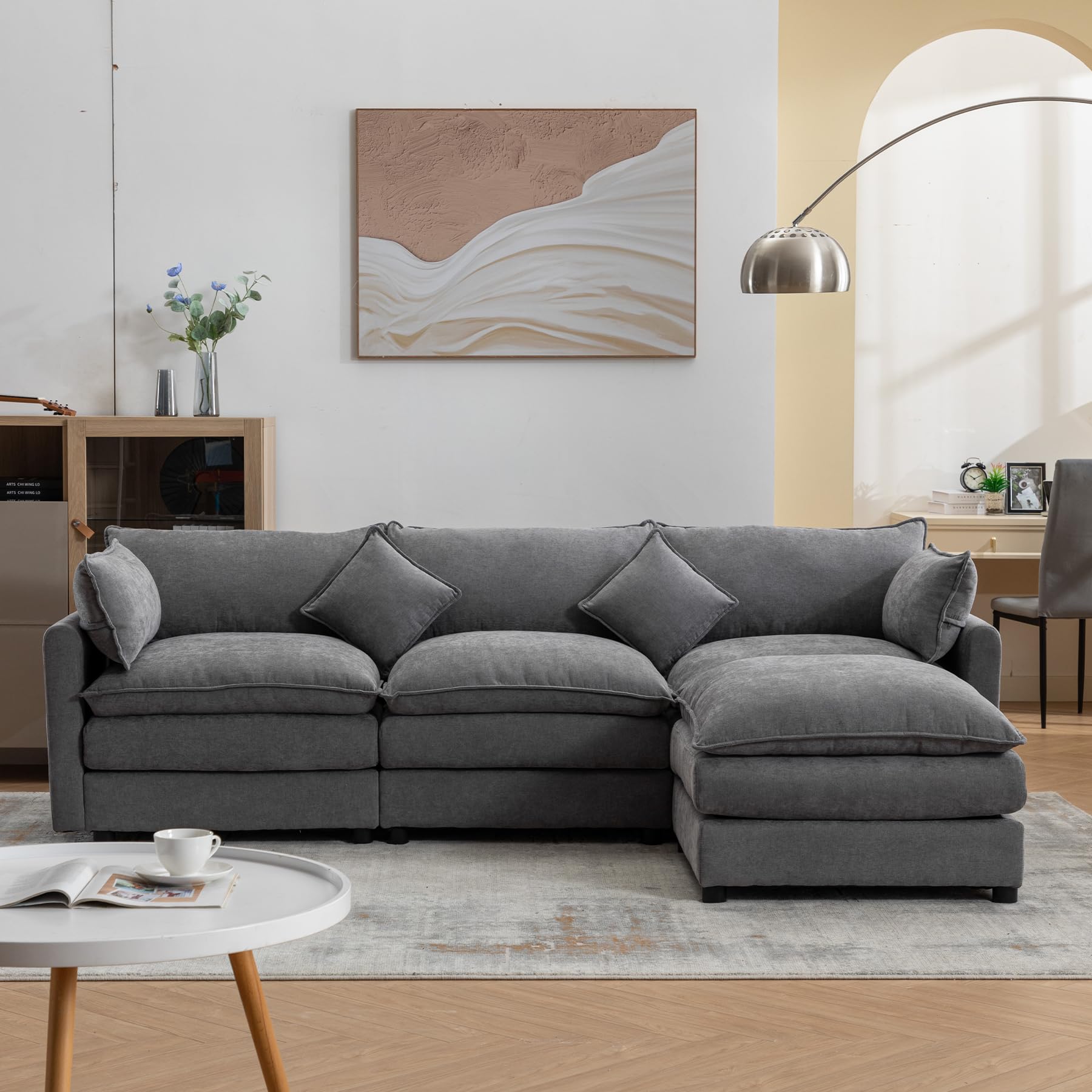 Dolonm L Shaped Sofa Modern Grey Sectional Couches for Living Room Extra Large Cloud Couch 3 Seater Upholstered Sofa with Ottoman, 101 Inch Wide