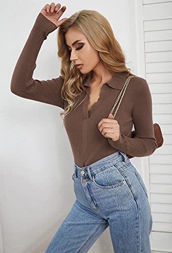 Kate Kasin Womens Polo Long Sleeve Sweater Scalloped V Neck Knit Tops Solid Ribbed Lightweight Pullover Shirts Coffee XL