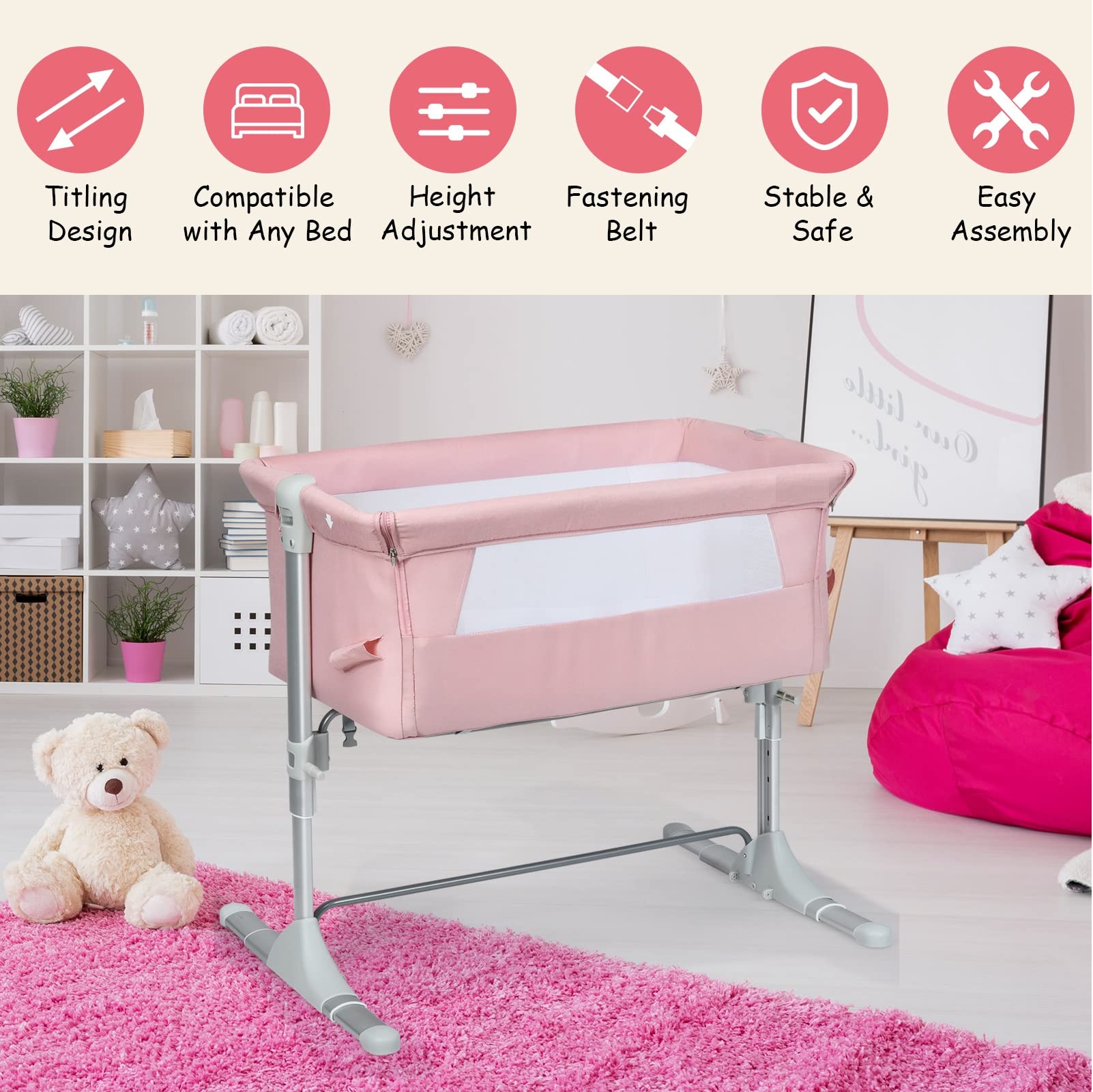 INFANS Baby Bassinet Bedside Crib, Newborn Bedside Sleeper Crib for Infants, Adjustable Height, Breathable Mesh, Detachable Washable Mattress, Portable Bassinet with Carrying Bag (Pink)