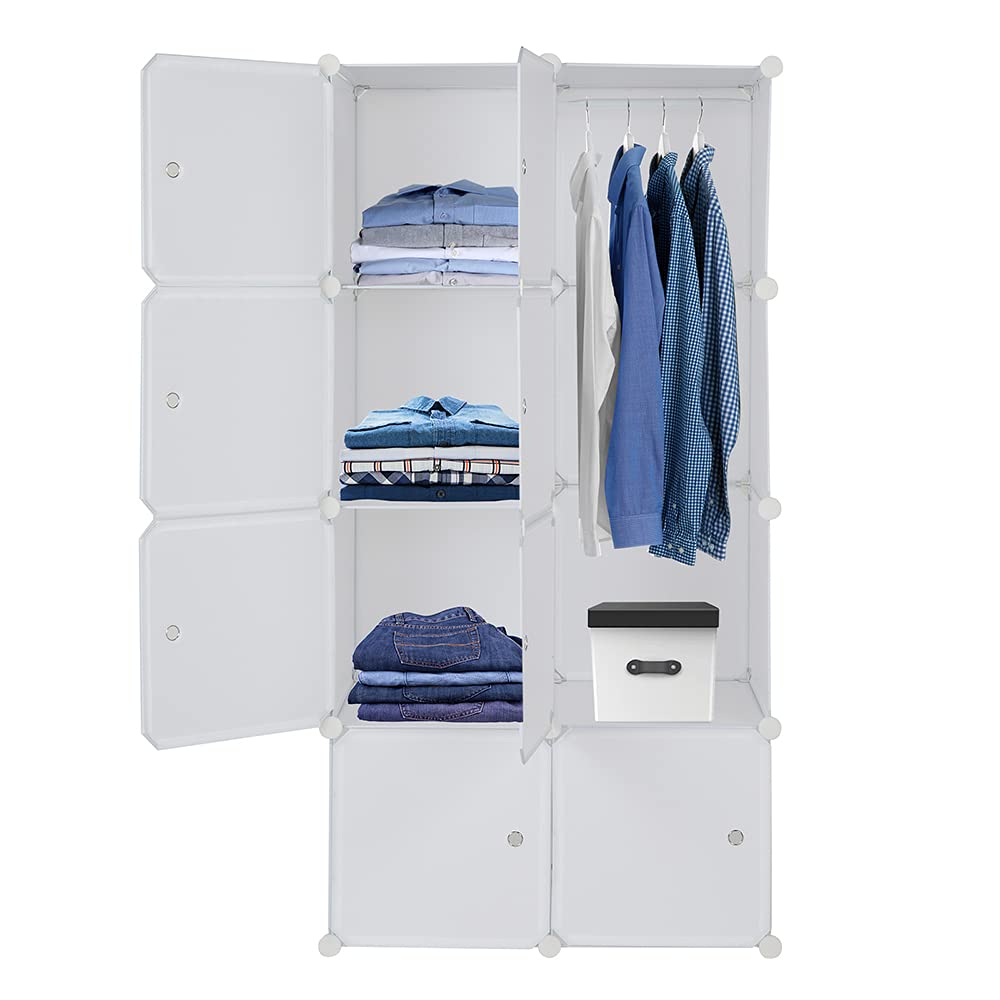 Portable Wardrobe Closet, Modular Plastic Clothes Storage Cabinet Chest w/ Doors, Organizer Cube DIY Bookshelf Combination Armoire for bedroom, living room, Black (30-Cube & 6 Hanging Section)