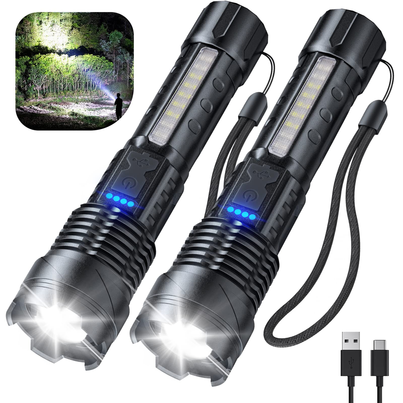Cinlinso Flashlight High Lumens Rechargeable 2 Pack, 980000 Lumen Super Bright Led Flashlights with 7 Light Modes, IPX6 Waterproof, Powerful Handheld Flash Light for Camping Home Emergencies