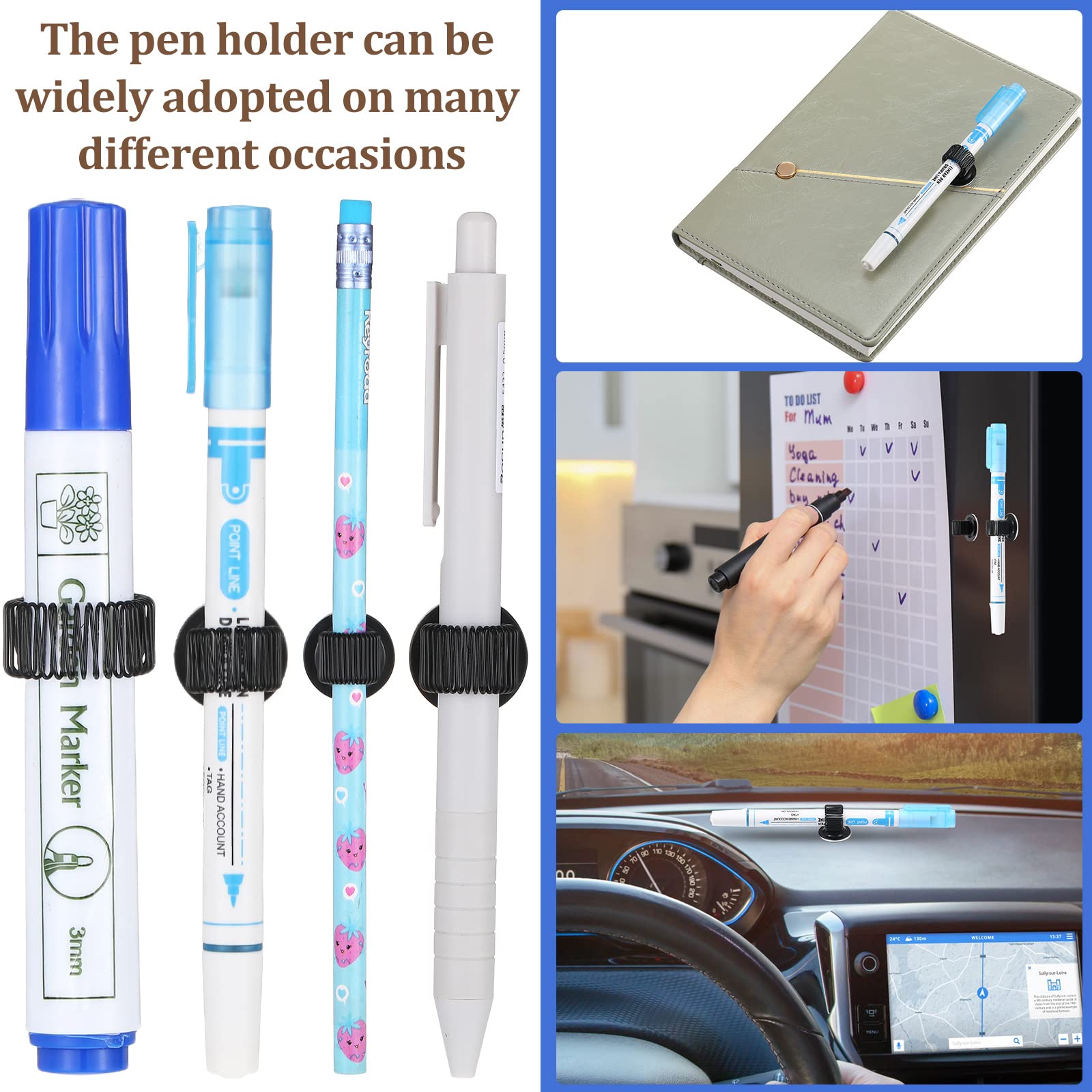 Colarr 50 Pieces Metal Pen Holder Clips Self Adhesive Pen Pencil Organizer with Adjustable Spring Loop Manganese Steel Pen Clip for Whiteboard Refrigerator Erase Board Bulletin Board (Black)