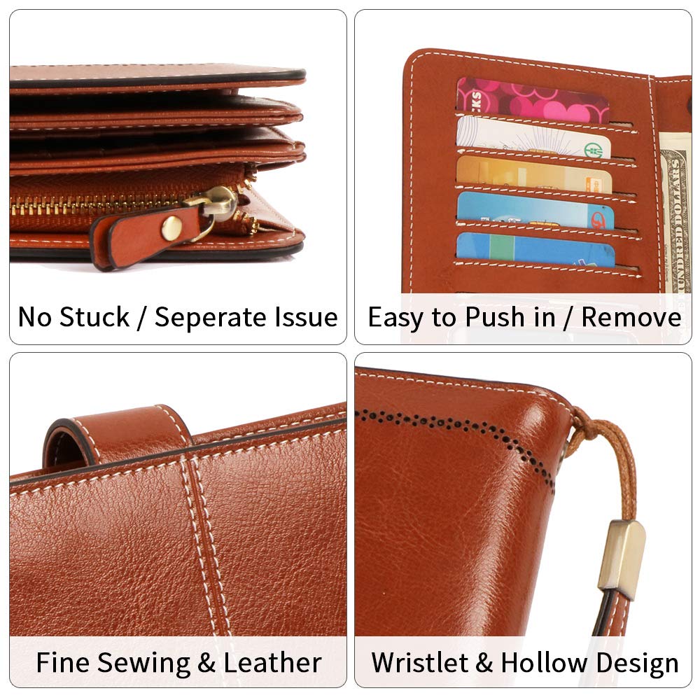 Pearl Angeli Women Wallet Genuine Leather Charming Ladies Wristlet Tri-fold Rfid Blocking Credit Card Holder Organizer Clutch(Brown)