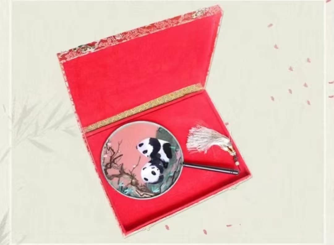 Chinese Shu Embroidery Fan, Handmade 100% Mulberry Silk, Round Fan Double Sided Embroidery Animals Panda (White)