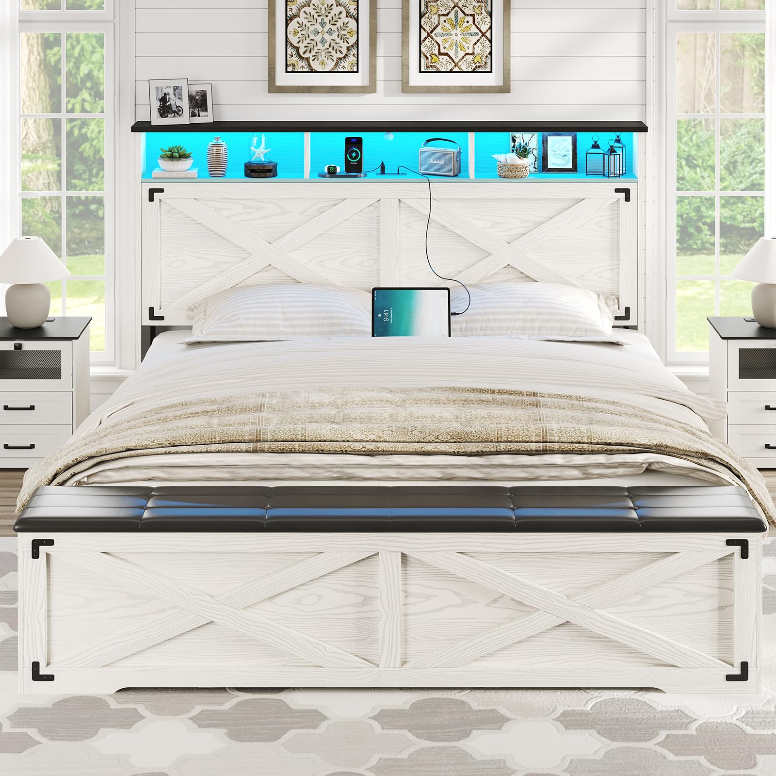 DICTAC Farmhouse Queen Bed Frame with Storage Headboard, Charging Station and LED Lights Queen Size Platform Bed Frame with Storage Ottoman, Metal Slats Support, No Box Spring Needed, Antique White