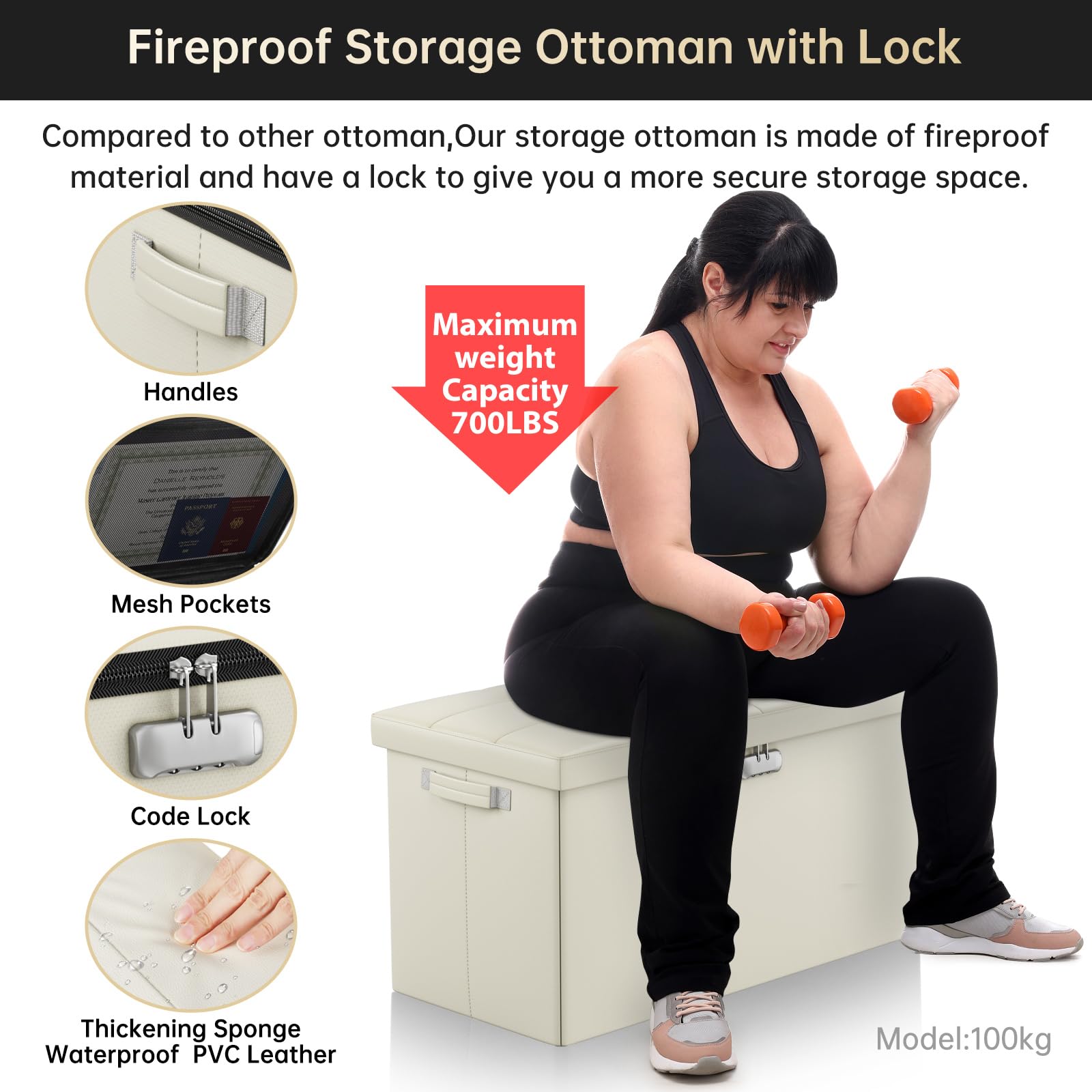 ENGPOW Storage Ottoman with Lock,Fireproof & Waterproof Folding Ottoman Storage Stool Storage Chest with Handle & Zippers Safe for Living Room, Bedroom, Home Office,Dorm,17"x 13"x 13",Beige