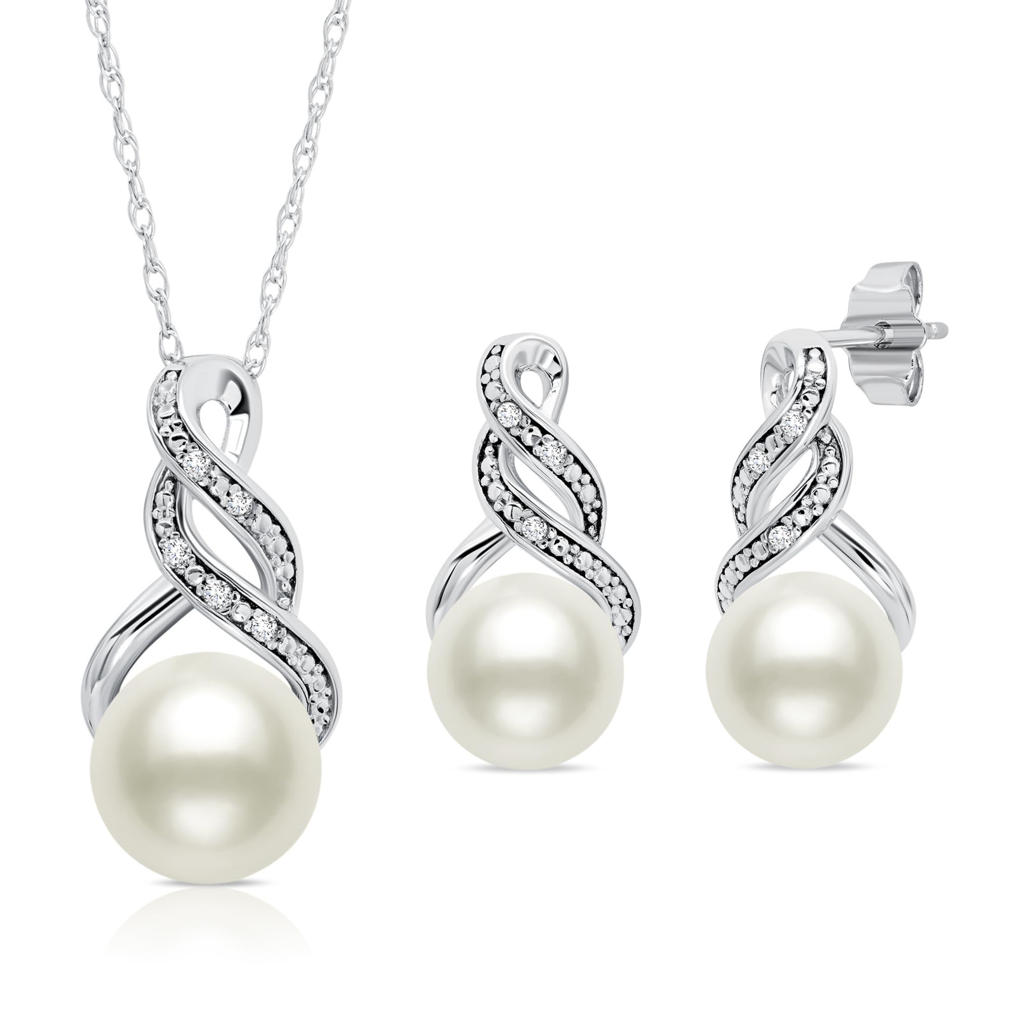 MAX + STONE Sterling Silver Pearl Jewelry Set with Diamonds | Freshwater Pearl Earrings & Necklace for Women | Real Pearl Necklace and Earring set | Silver Pearl Earrings and Necklace Set for Women