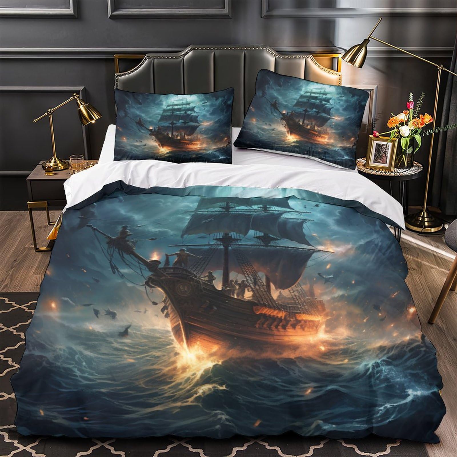 ERGTT Pirate Ship for Boys Girls Duvet Cover 3D Print Ship Quilt Cover Comforter Covers Bedding Set with Pillow Cases with Zipper Closure Soft Microfiber 3 Pieces Full(203x228cm), Style-8