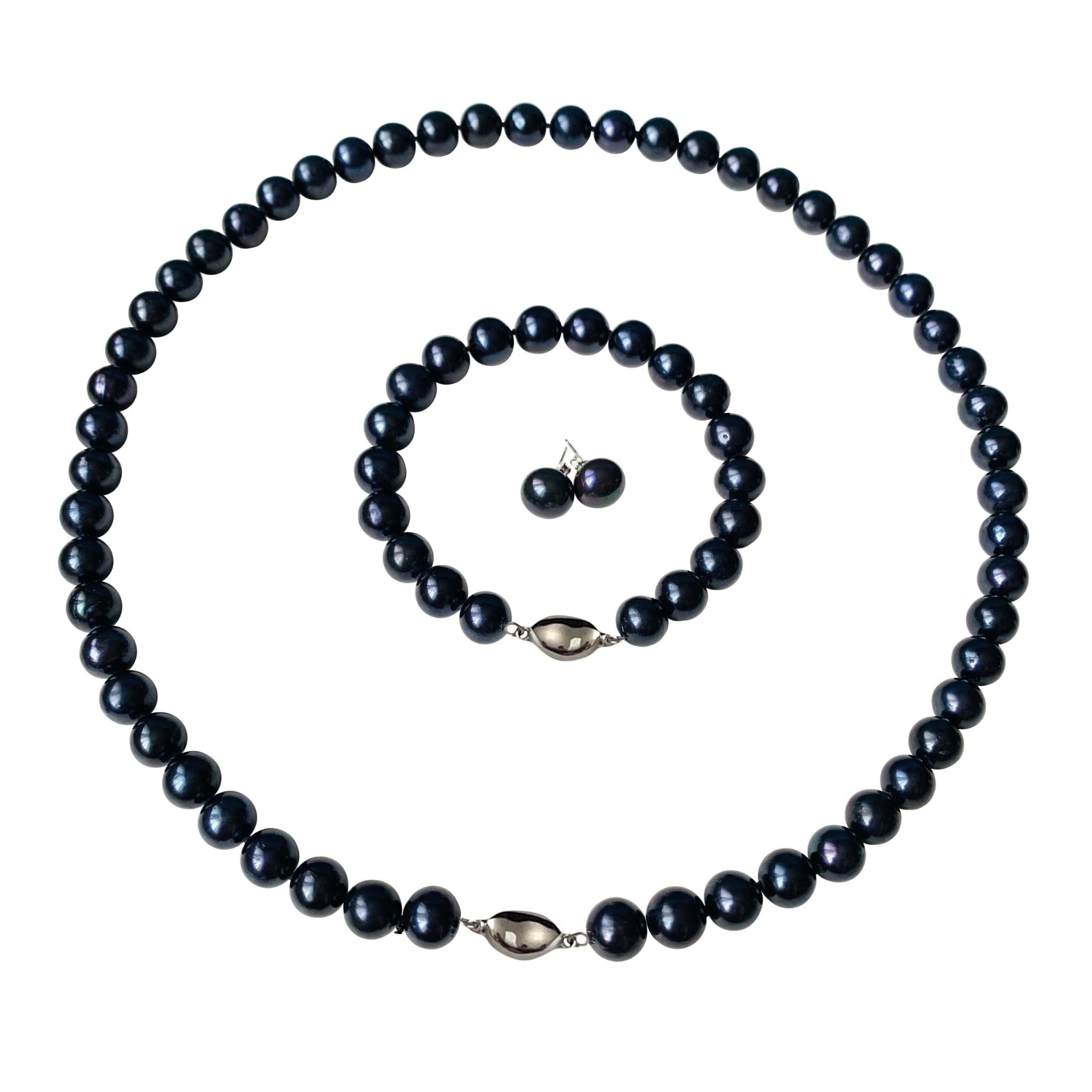 Pearl Romance ROUND Black Strand Pearl Necklace Bracelet Stud Earrings 3pc set 16 Inch Choker Length Genuine Cultured Freshwater Large 9mm 10mm