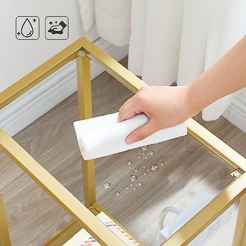 HOOBRO End Table, Side Table with Charging Station, 2-Tier Nightstand with Storage Shelves, Small Space Bedside Table, Telephone Table, Modern Coffee Table, Tempered Glass, Living Room, Gold GD56UBZ01
