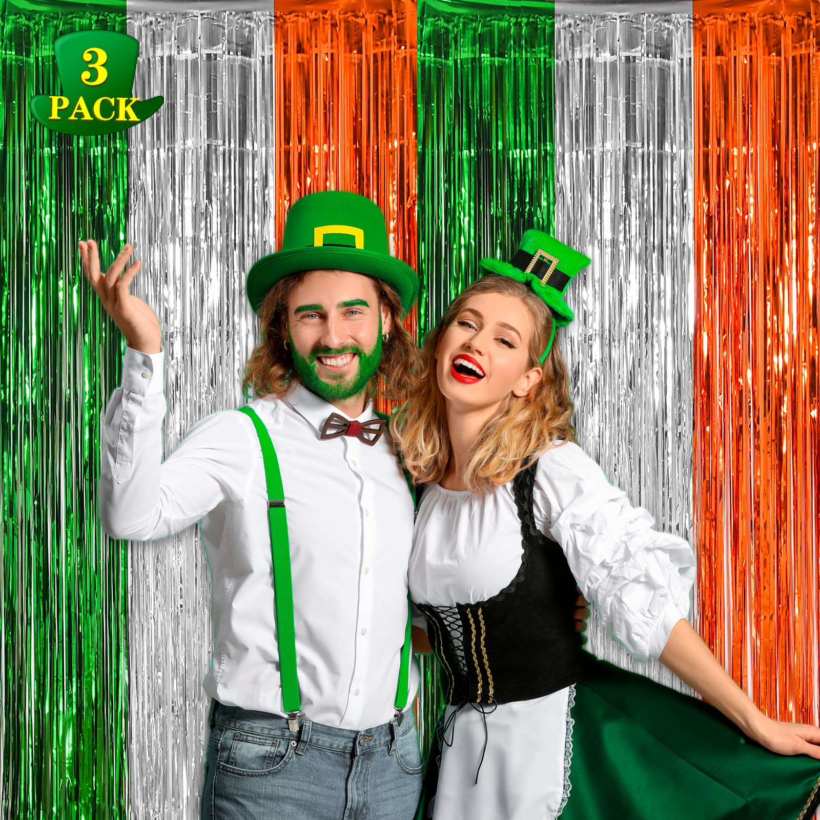 LOLStar 3 Pack St. Patrick's Day Foil Fringe Curtains St Patricks Day Party Decoration 3.3x6.6 ft Green White Orange Tinsel Fringe Curtain Photo Booth Prop Streamer Backdrop for Irish Party Decoration