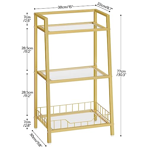 HOOBRO Gold Bookshelf, 3-Tier TemperedĀ Glass Bookcase, Bathroom Storage Stand, Record Storage Rack with Side Guards, Strong and Durable, for Bathroom, Bedroom, Living Room Modern Style, Gold GD77CJ01