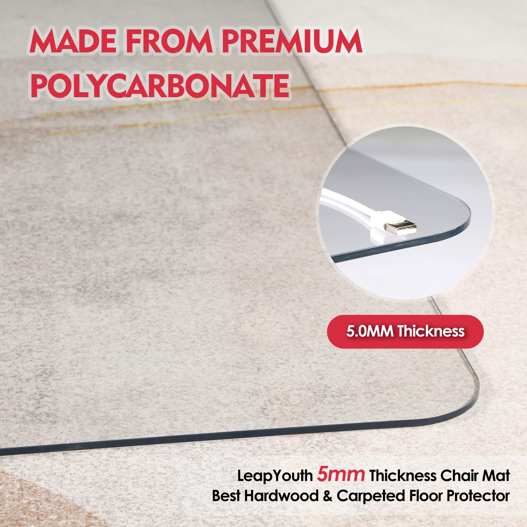 Crystal Clear Chair Mat for Carpet, 1/5" Thick - 36" x 47" Hard Polycarbonate Office Chair Mat - Heavy Duty Floor Protector, Can be Used on Carpet or Hard Floor - Easy Clean and Flat Without Curling