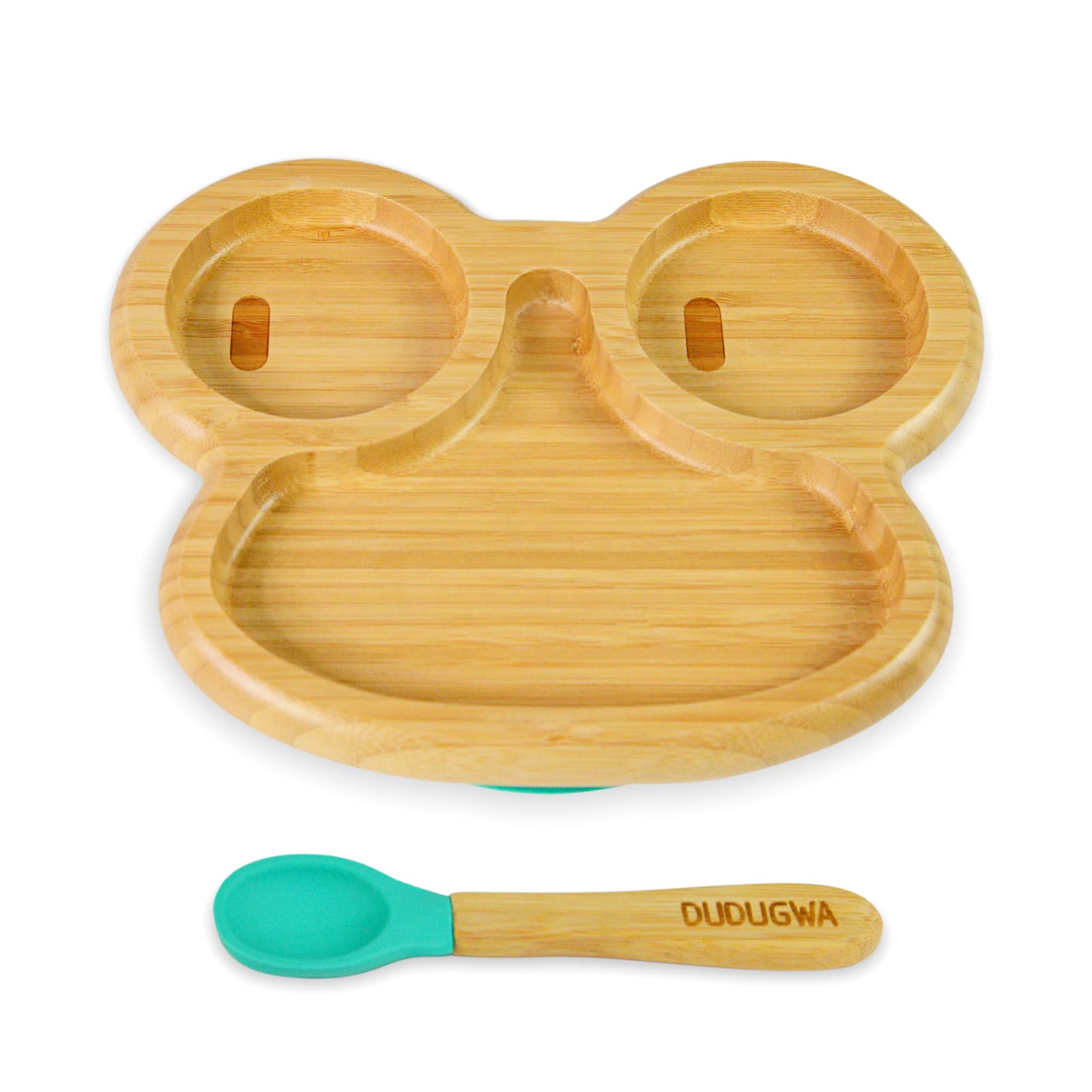 DUDUGWA Bamboo Baby Plates, Bamboo Suction Plates for Babies, Removable Silicone Suction Cup for Kids and Toddlers with Spoon, 6 Months and Older, Frog Plates