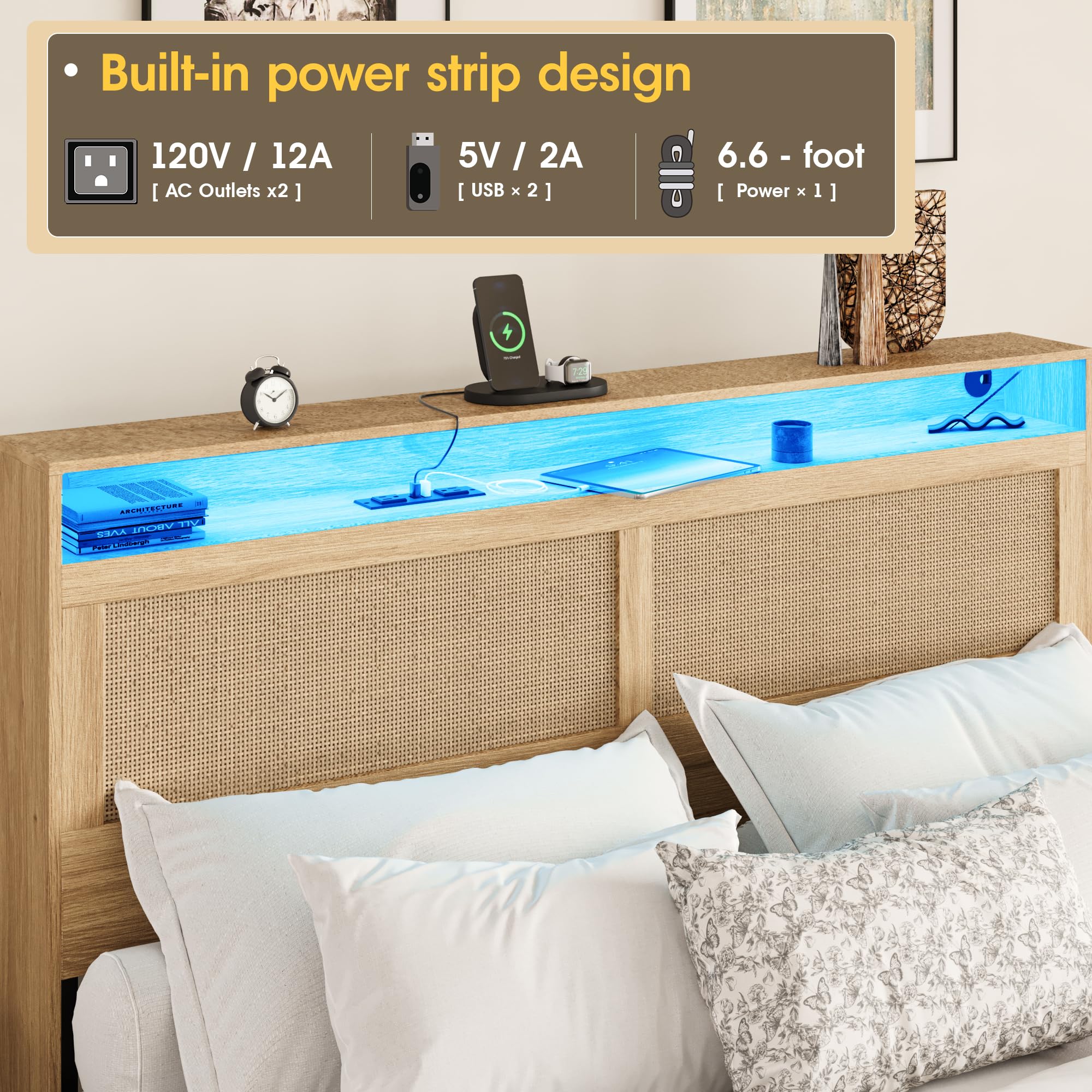 Fameill Queen Size Bed Frame with LED Light and 4 Drawers, Rattan Hidden Storage Headboard, Charging Station, Metal Platform Boho Bed Frame No Box Spring Needed