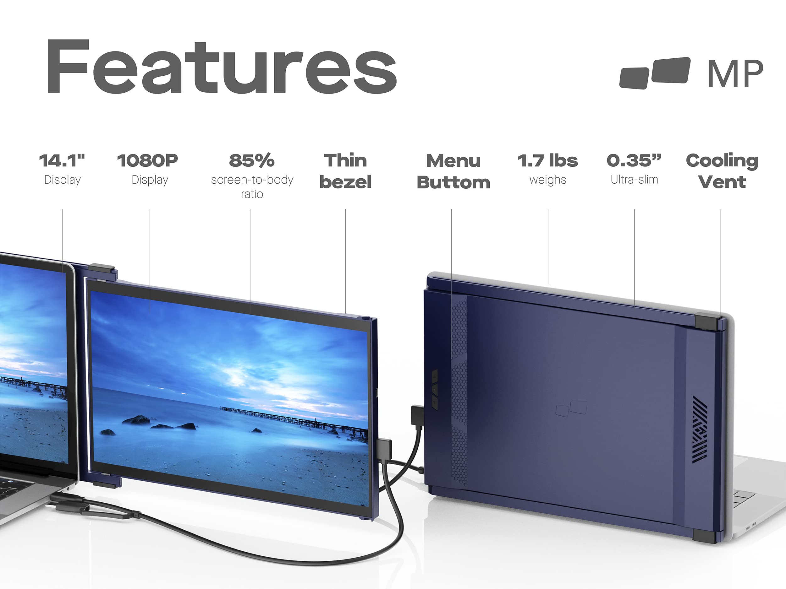 Duex Max Blue Portable Monitor with Adhesive, Mobile Pixels 14.1" Full HD 1080P IPS Auto Rotated Laptop Screen Extender, USB A/Type-C USB Powered Plug and Play