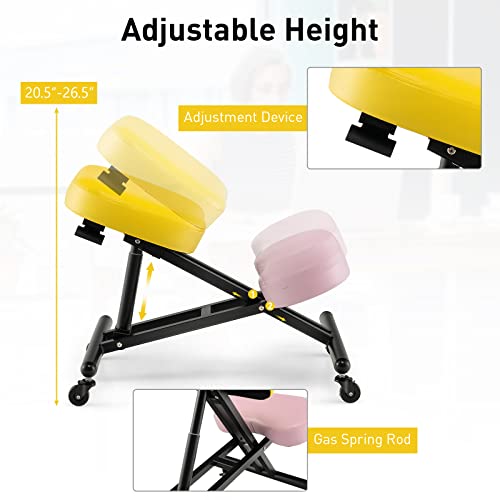 Giantex Height Adjustable Kneeling Chair - Seat Height from 20.5β to 26.5β, Adjustable Stool with Smooth Wheels, Foam Padded Cushions, Ergonomic Kneeling Chair for Office, Home, Yellow/Pink