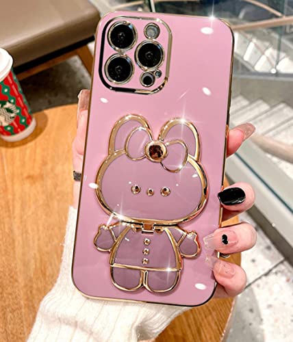 for iPhone 14 Pro Max Case for Women Girls,6D Cute Hidden Rabbit Bunny Stand Mirror Design,Luxury Plating Glitter Soft Silicone Makeup Girly Phone Case with Camera Cover for iPhone 14 Promax Purple