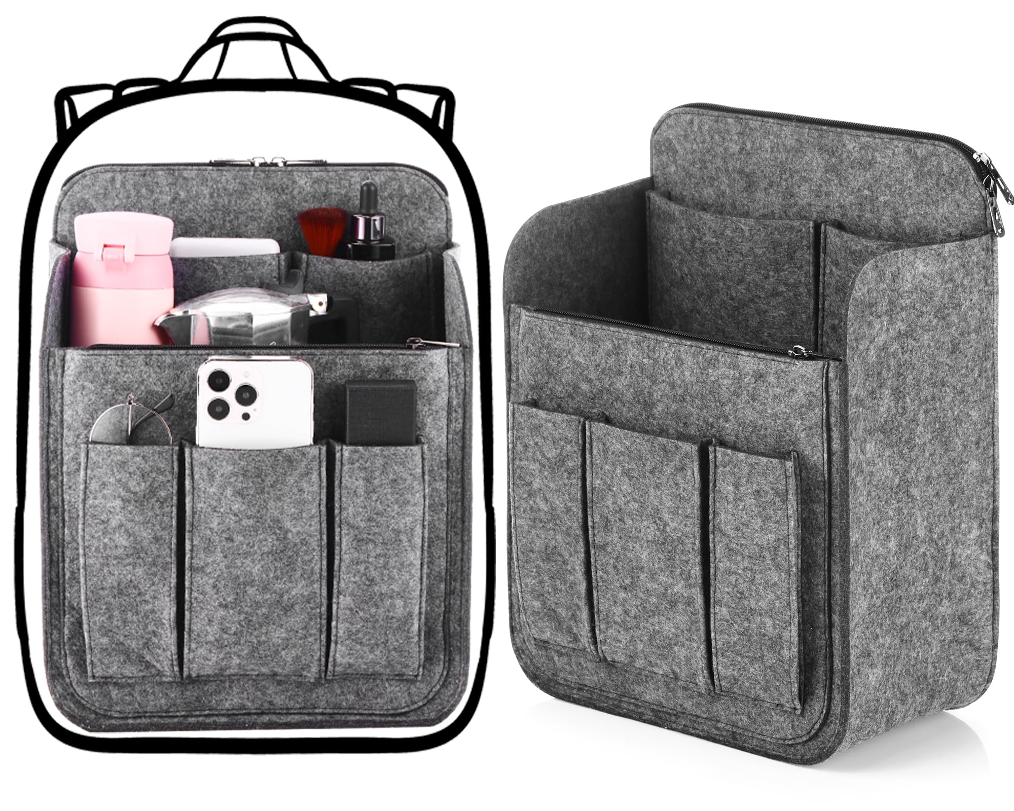 Clysee 2 Pcs Large Felt Backpack Organizer Insert Travel Rucksack Liner with Many Pockets Lightweight with Zipper(Black)