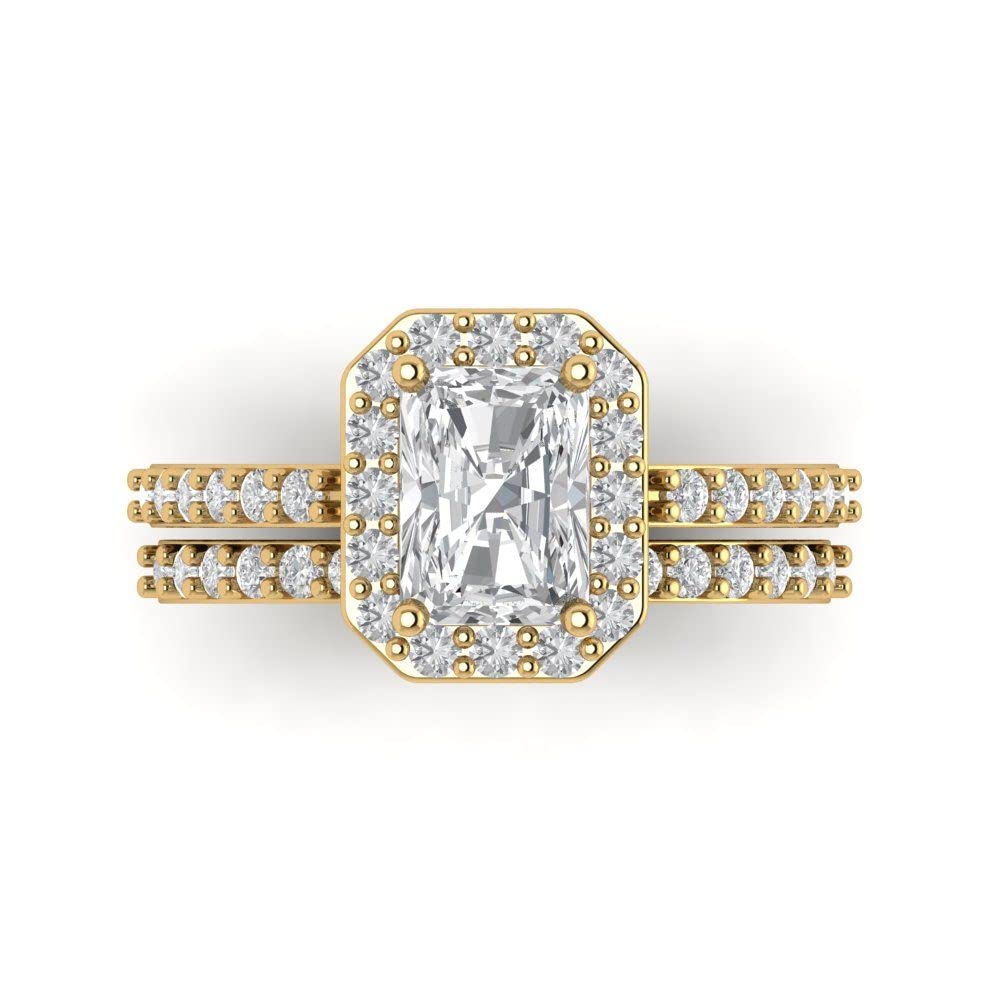 Clara Pucci 2.14ct Emerald Round cut Engraving Pave Halo Solitaire Moissanite Wedding Anniversary Ring band set 14k Yellow Gold Size 7.5