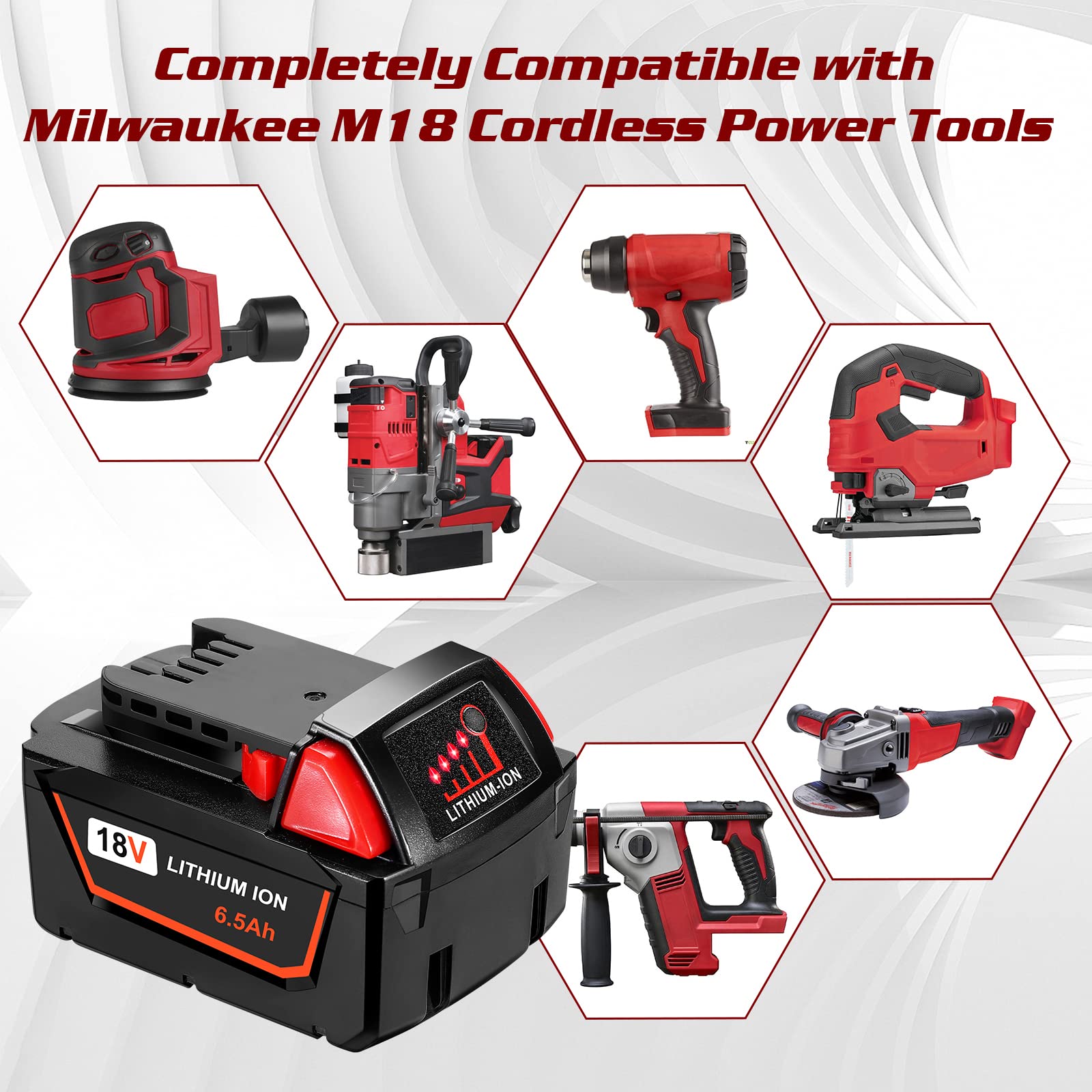 HUSUE 6.5Ah 18V Replacement Battery for Milwaukee M18 Battery, Lithium Battery Compatible with Milwaukee M18 18V 48-11-1815, 48-11-1820, 48-11-1840, 48-11-1850, 48-11-1860 Cordless Power Tools, 2 Pack