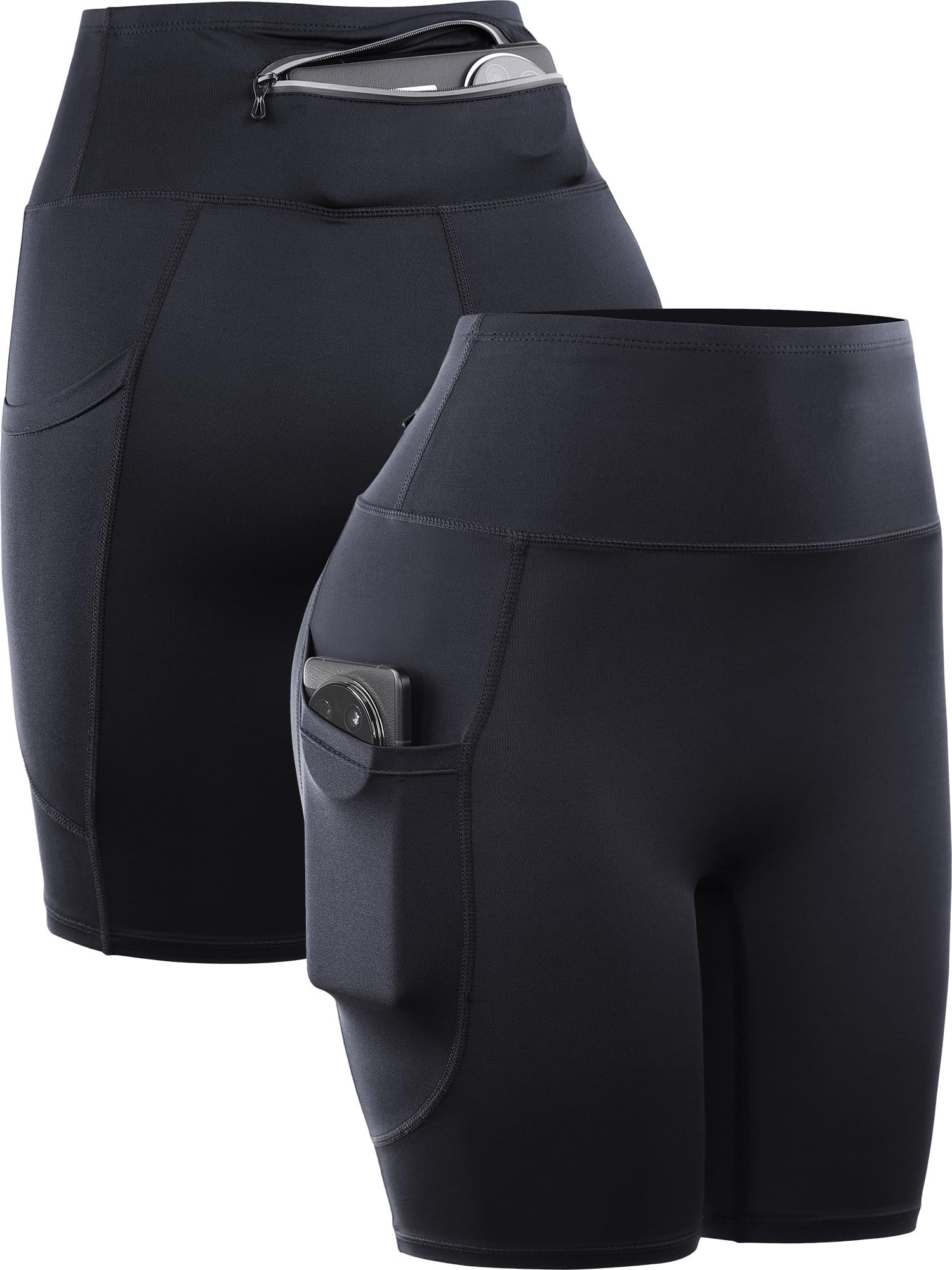 CADMUS 3 Pack High Waisted Shorts for Women 8" Workout Biker Shorts w Two Side Pockets,3044,Pack of 3,Black,Grey,Red,X-Large