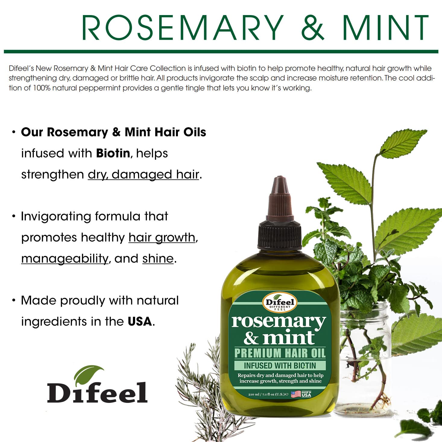 Difeel Rosemary & Mint Biotin Haircare Collection - Shampoo+ Conditioner + Hair Mask (12oz Each), 2.5oz Root Stimulator & 7.1oz Oil