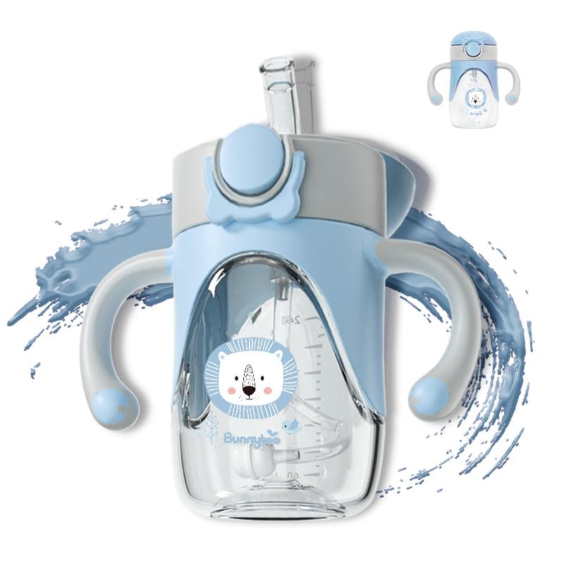 Bunnytoo Baby Sippy Cup with Weighted Straw, Ideal for 1+ Year Old and Transitioning Infants 6-12 Months, Spill-Proof, Easy to Hold Handles, 8oz (240ml) Toddler Training Cup (Blue)