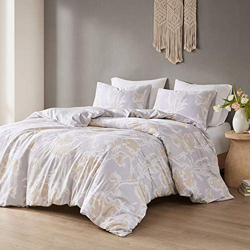 INTELLIGENT DESIGN Reversible 100% Cotton Sateen Duvet - Breathable Comforter Cover, Modern All Season Bedding Set with Sham (Insert Excluded), Tanet, Flower Grey King/Cal King(104"x90")