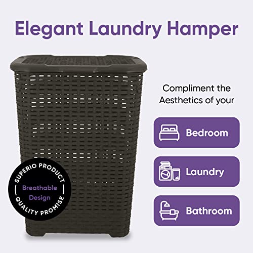 Plastic Laundry Hamper with Lid Laundry Hamper Basket, Brown 2 Pack Tall Cloths Hamper Organizer with Cut-out Handles. Space Saving for Laundry Room Bedroom Bathroom, Wicker Design 60 Liter