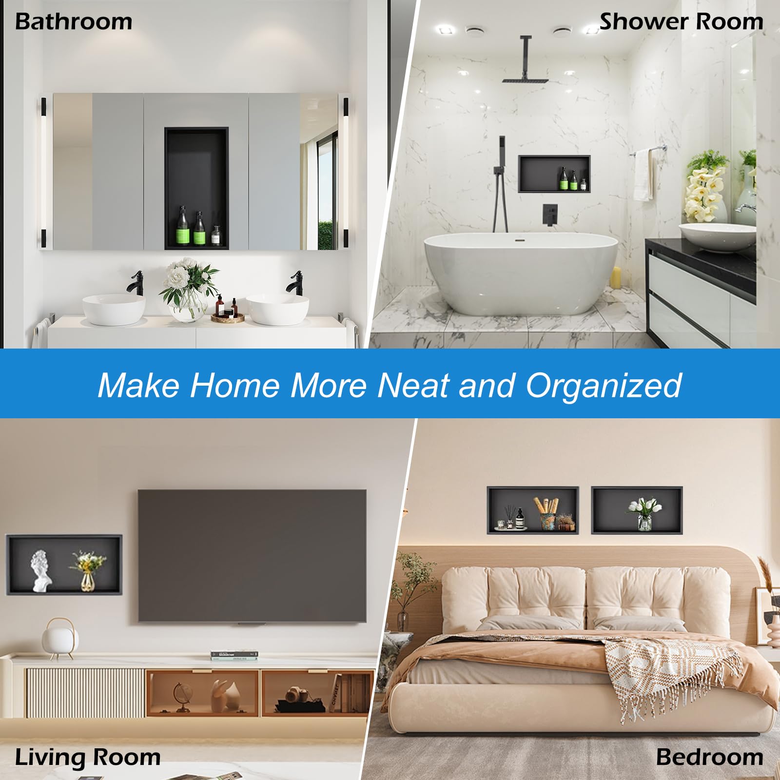 BWE Stainless Steel Shower Niche, 24" X 12" X 4" Large Volume Bathroom Wall Niche,No Tile Needed,Recessed Shower Shelf Organizer for Storage,One Inner Shelf,Matte Black