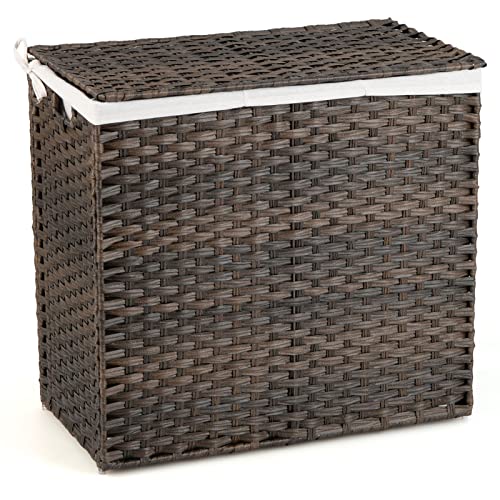 Giantex Laundry Hamper with Lid and Handle, 35 Gal (130L) Wicker Laundry Basket, 3-Section Removable Liner Bag, Synthetic Rattan Divided Clothes Hamper Storage Organizer for Bathroom (Brown)