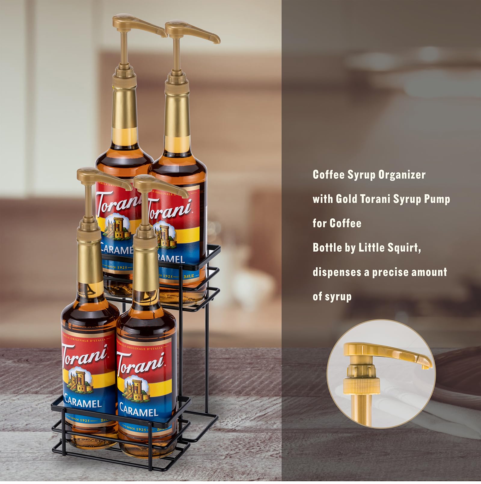 Coffee Syrup Organizer Rack, (4 Bottle Capacity),2 Tier Coffee Syrup holder for Coffee Bar Accessories,Kitchen,Storage for Syrup, Wine, Dressing(Black)