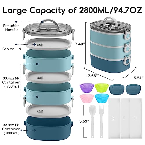 KHOXU Bento Lunch Box, Stackable 3 Layers Bento Box Adult Lunch Box, 94OZ Large Capacity Lunch Containers, Lunch Box Kids with Accessories Kit , Leak-Proof, Food-Safe Materials,Blue